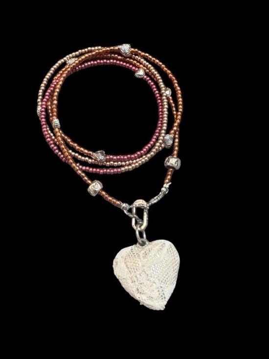 Lilac Beth | Jewelry | Lace Heart Long Bead Necklace | Poshmark